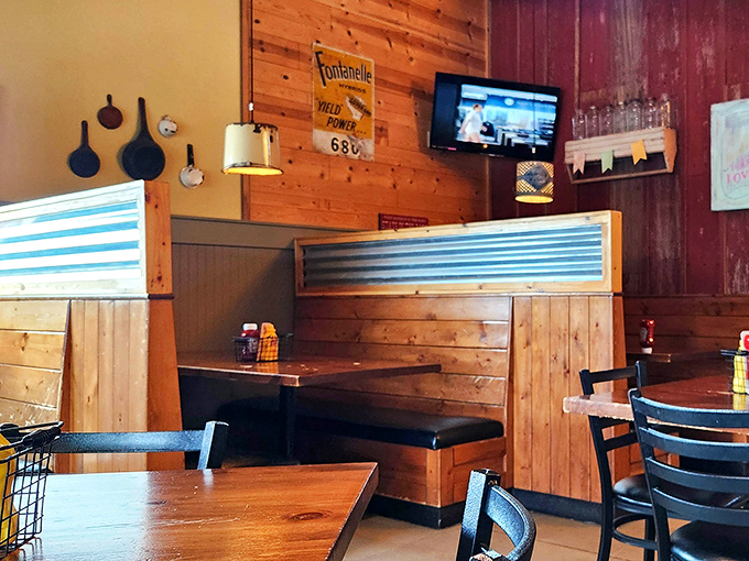 Booth seating that invites you to settle in and stay awhile. The TV in the corner says, "We're casual here," but the food says, "We're serious."