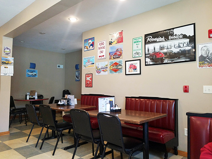 Red vinyl booths and nostalgic wall art&mdash;not because it's trendy, but because some things are simply timeless. Comfort never goes out of style.