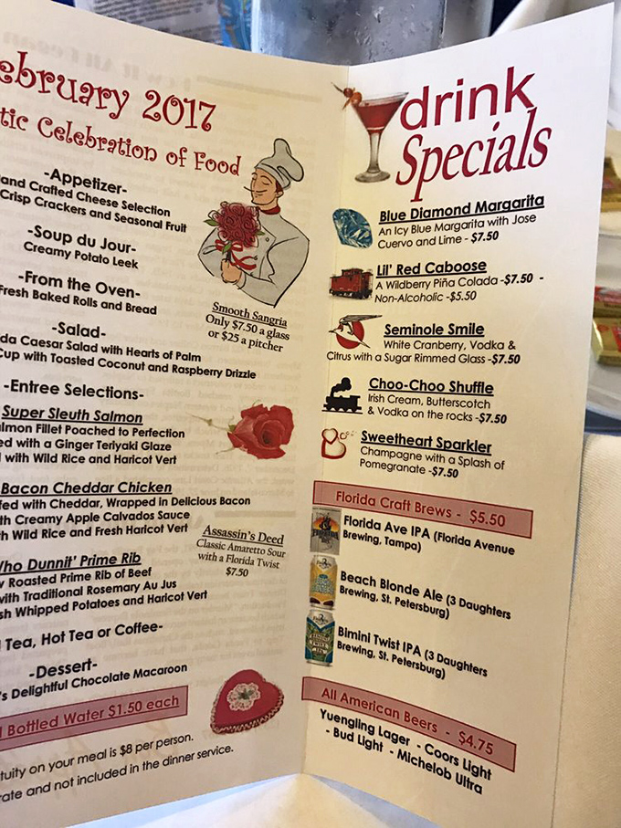 Themed cocktails with playful names like "Lil' Red Caboose" and "Choo-Choo Shuffle" set the tone for an evening of theatrical dining. 