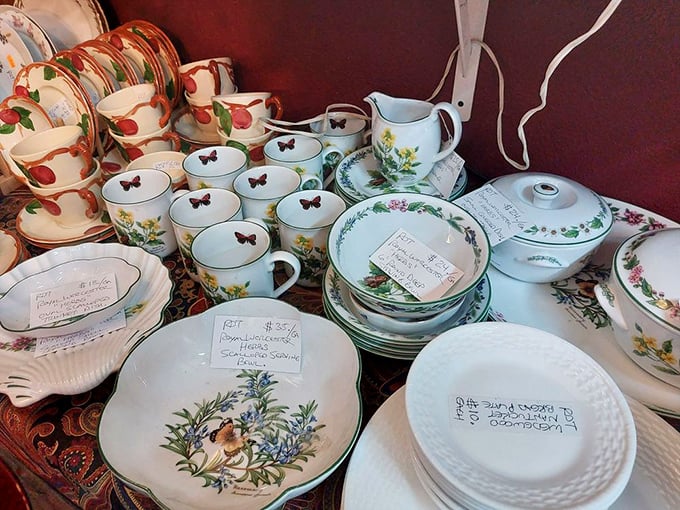 Delicate teacups and saucers waiting for their next gossip session. Floral patterns that have outlived the gardens that inspired them.