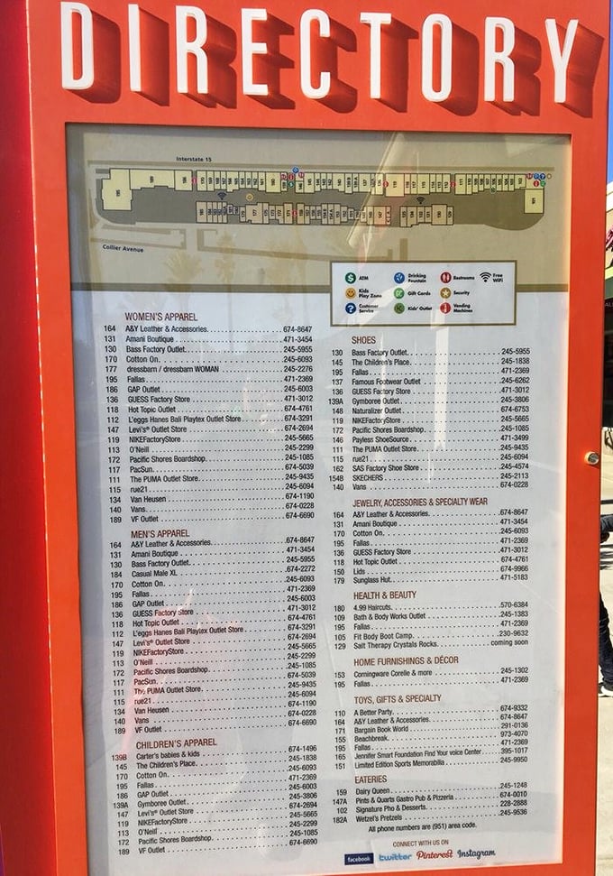 The mall directory &ndash; a treasure map for bargain hunters. Study it like you're planning a heist, but instead of diamonds, you're after discounts.