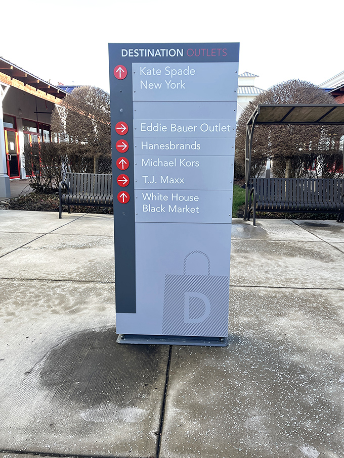 Navigation made simple with these handy directional signs. Without them, you might spend days wandering the bargain wilderness, sustained only by food court snacks.