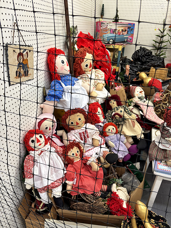 These Raggedy Ann dolls aren't just toys; they're childhood memories peering through wire mesh, waiting for someone to take them home again.