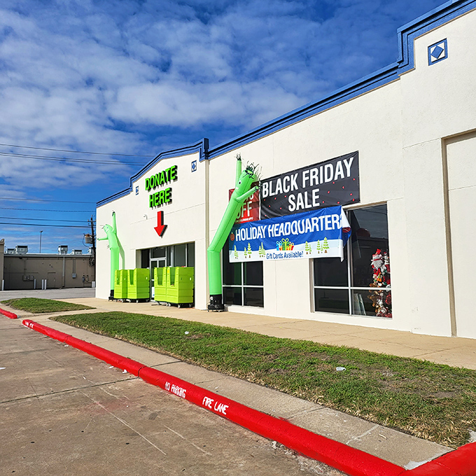 Those inflatable green tube men aren't just dancing&mdash;they're celebrating the circular economy of donations becoming someone else's treasure.