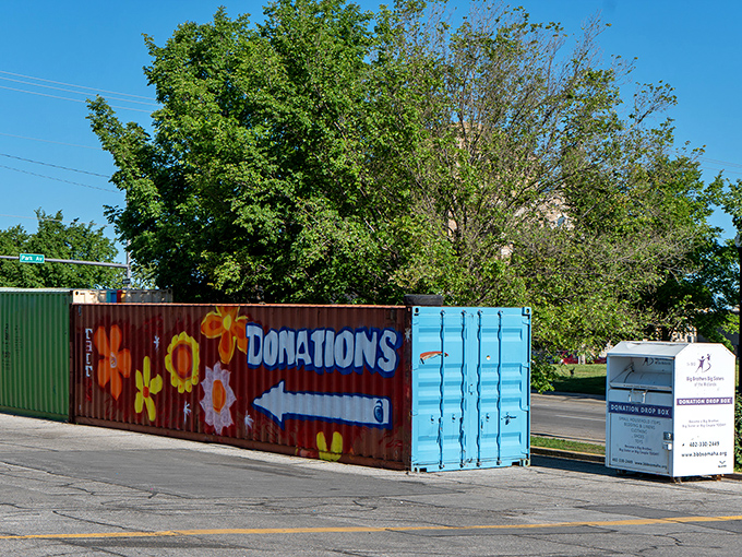 The colorful donation area&mdash;where yesterday's belongings begin their journey to becoming tomorrow's treasures.