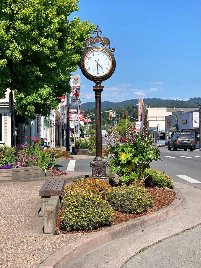 Another perfect day in downtown Fortuna, where the town clock is surrounded by carefully tended flowers and greenery.