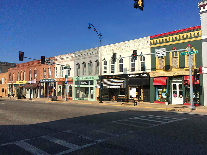 The vibrant colors of Princeton's downtown buildings pop against the blue sky like a real-life Edward Hopper painting with a Midwestern twist.