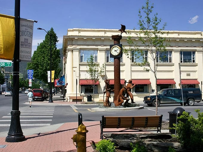 Downtown Colville's distinctive clock tower serves as both timekeeper and town landmark, surrounded by buildings that have witnessed generations.