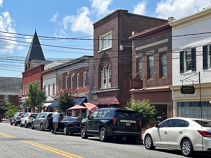 Brick facades and historic charm line Rock Hall's business district. Each building tells a story of the town's evolution through the centuries.
