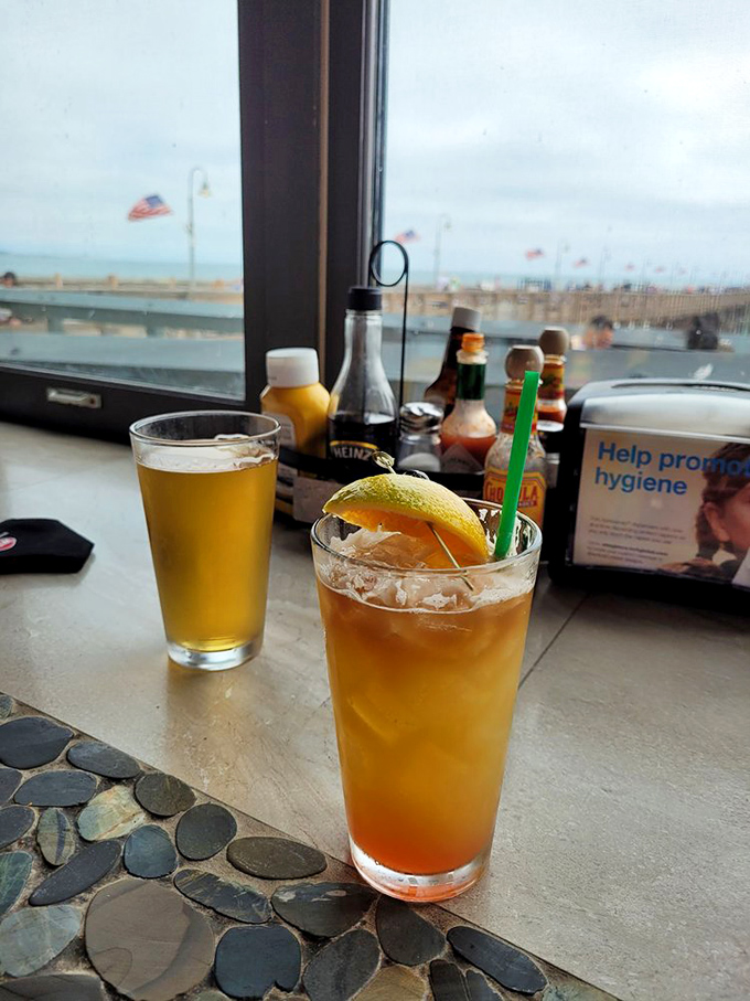 Cold beer and a refreshing cocktail—because nothing complements ocean-fresh seafood like properly hydrating between bites.