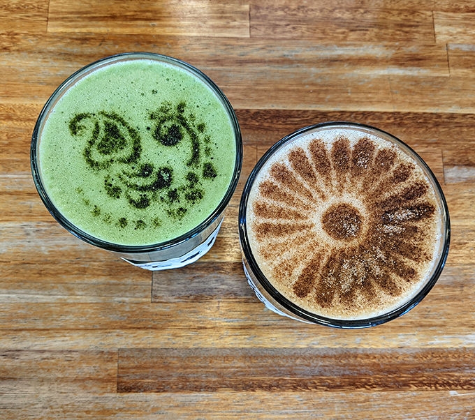 Even their coffee presentation shows attention to detail. One cup looks like a matcha masterpiece while the other sports a cinnamon sunburst worthy of an Alaskan summer day.