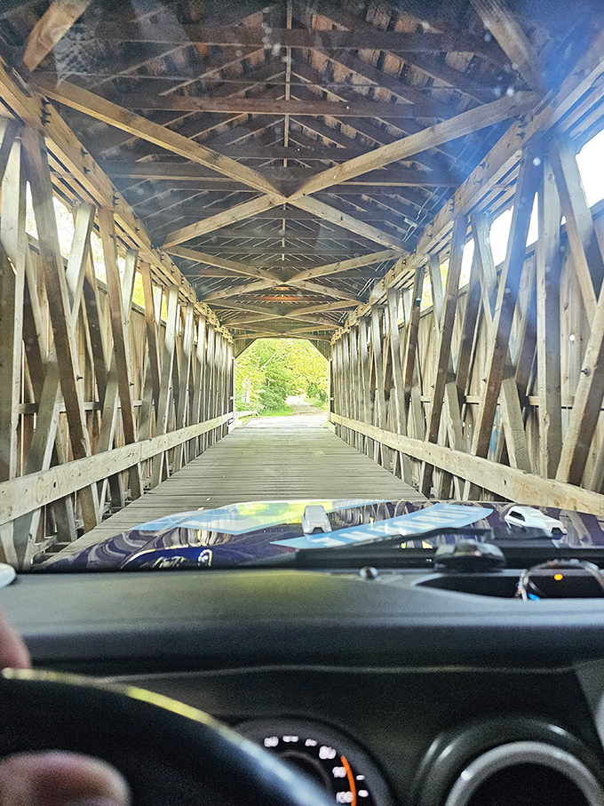 The driver's-eye view reveals the impressive craftsmanship of hand-hewn beams that have withstood nearly 150 Michigan winters.