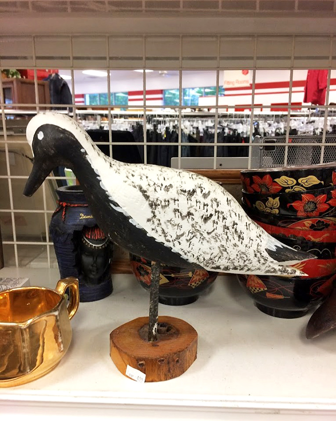 This wooden shore bird stands guard over decorative treasures like a thrift store sentinel. He's been waiting for someone who appreciates vintage coastal charm.