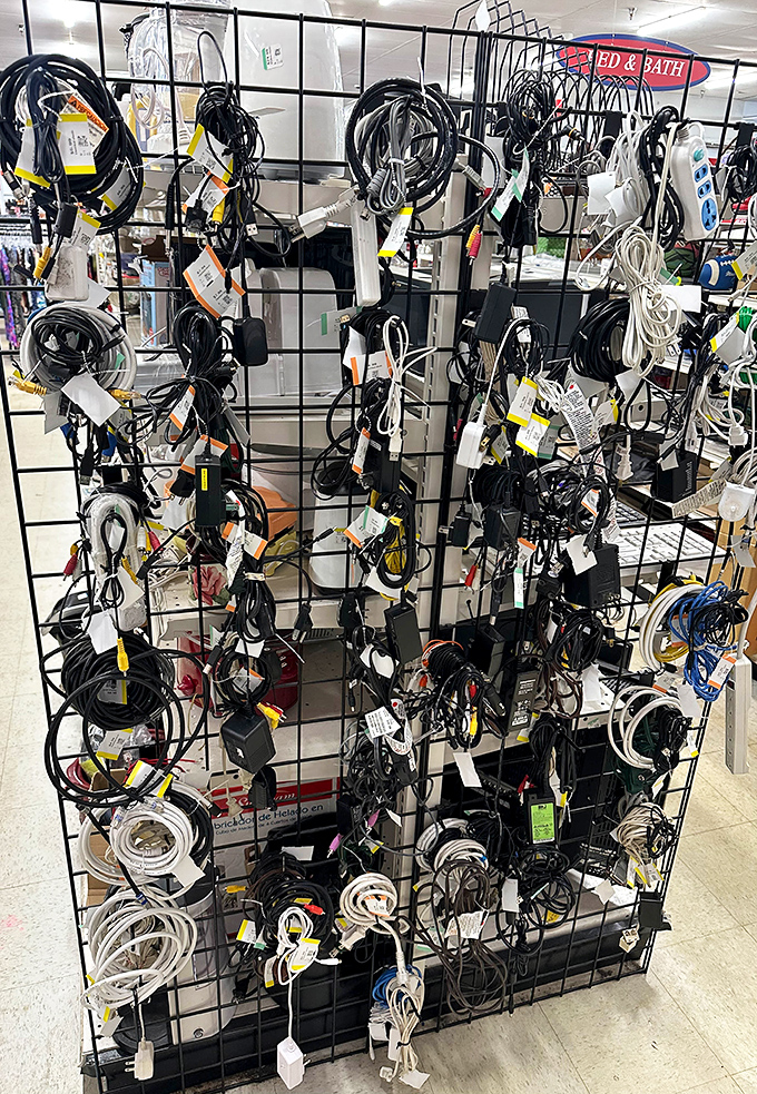 The electronic cable section resembles a technological pasta dish&mdash;a tangle of potential connections just waiting for the right device.