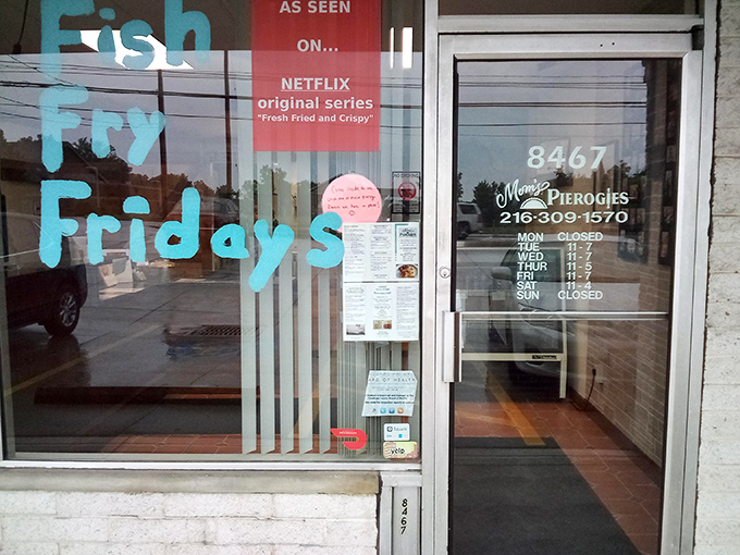 "Fish Fry Fridays" on the door hints at another specialty, while the hours posted remind us that treasures like this keep their own schedule.