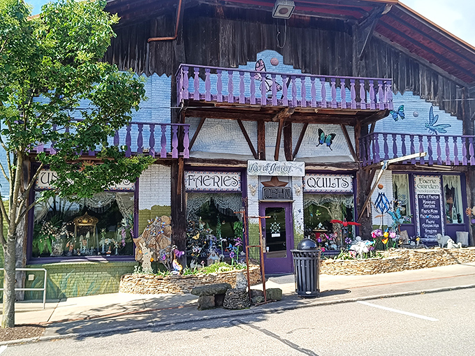 This whimsical storefront looks like it was plucked straight from a fairytale, where quilts are stitched by woodland creatures and butterflies approve the fabric selection.