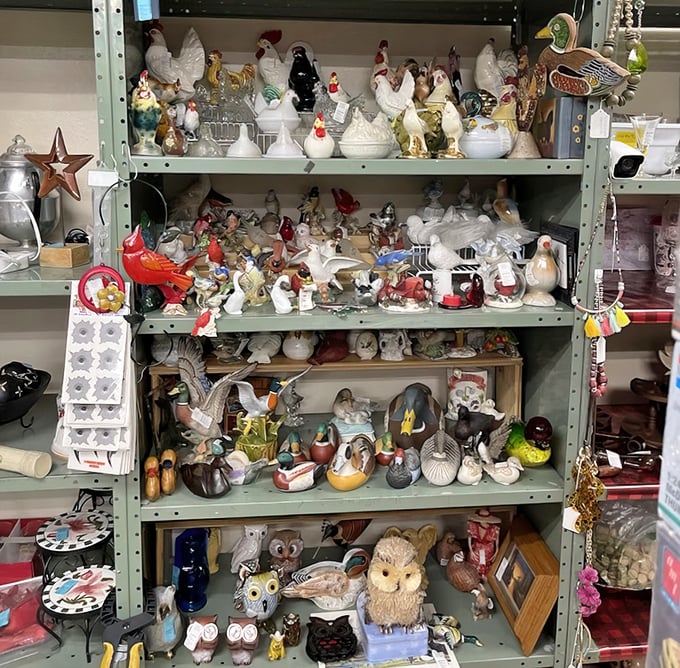 A parliament of ceramic owls perches alongside flocks of chickens and ducks&mdash;this aviary of collectibles would make any bird-lover swoon.