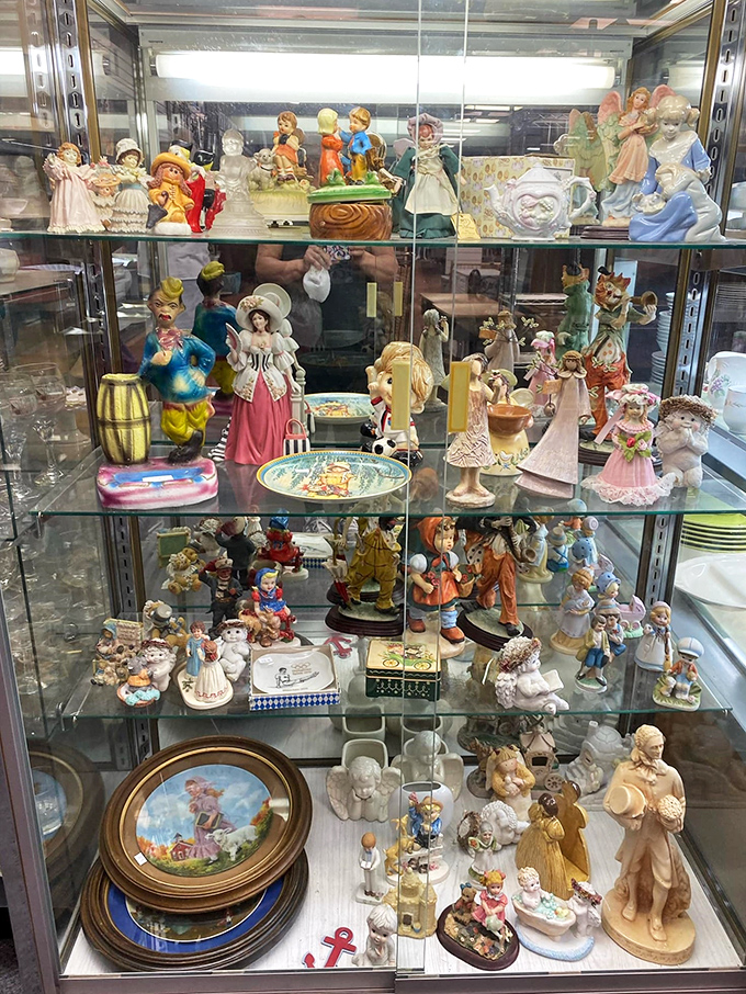 Figurine fantasyland! Collectibles ranging from whimsical to elegant fill these glass shelves, waiting to become conversation pieces in your home.