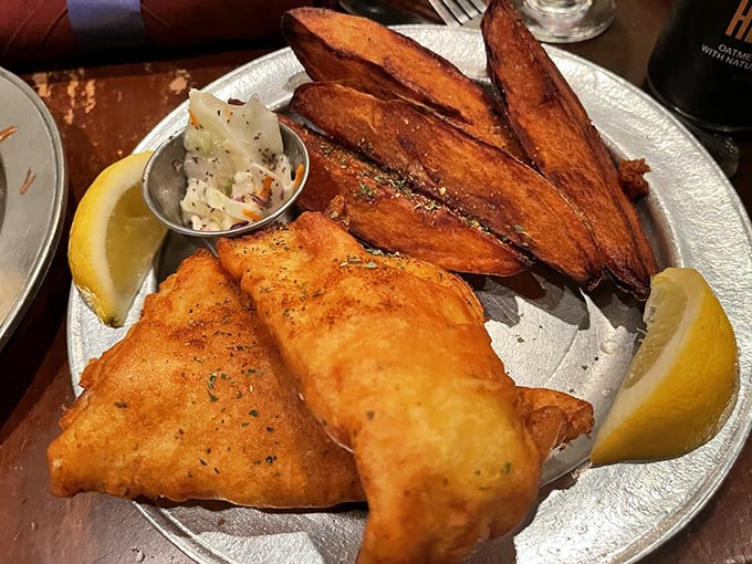 Fish and chips arrive in portions that suggest the chef never heard of the word "moderation."