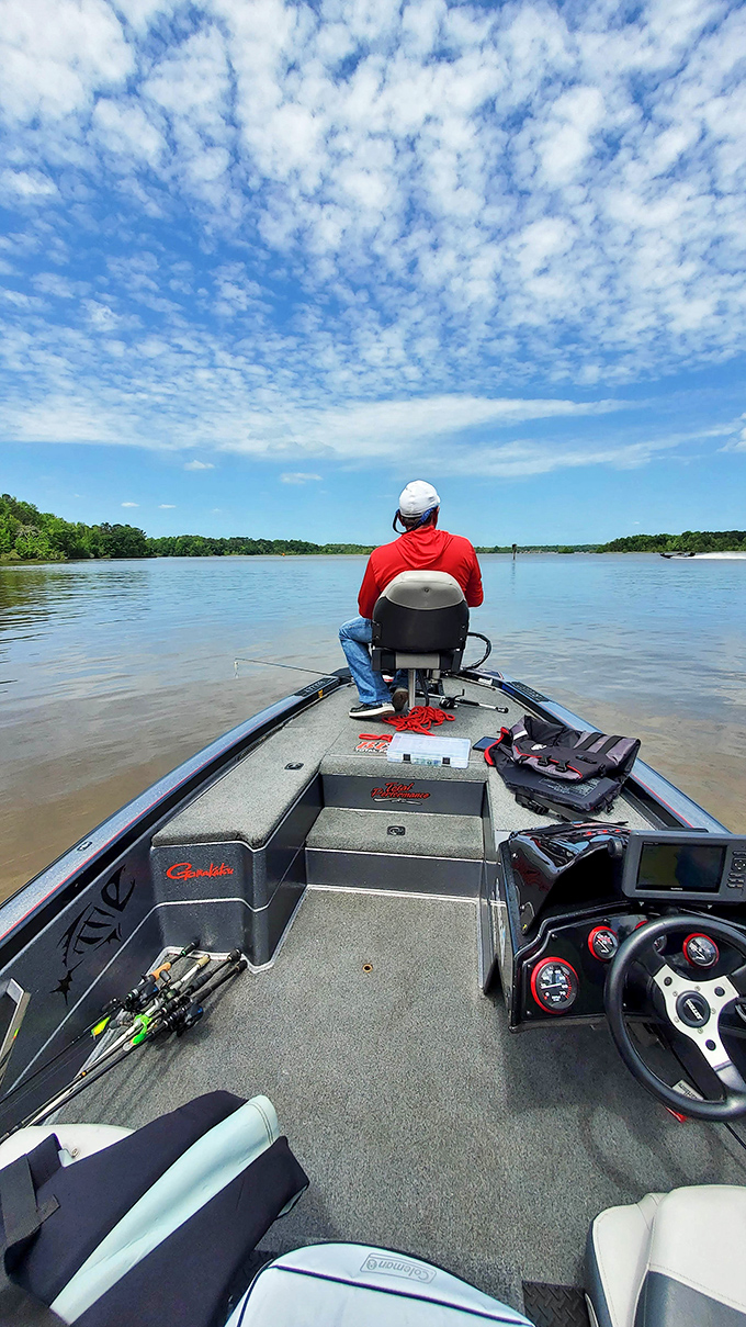 From this fishing boat's vantage point, it's just you, the lake, and the promise of a fish story you'll be telling for years.