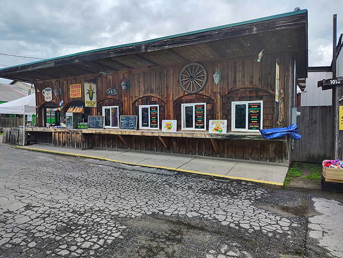 This rustic food stand has seen generations of hungry shoppers. The weathered wood practically whispers tales of satisfied customers.