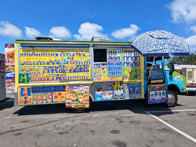 A rolling rainbow of frozen treats beckons under the California sun. This ice cream truck is childhood nostalgia parked in adult reality.
