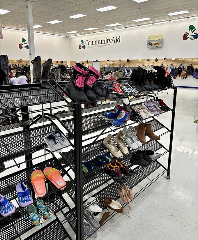 The shoe section: where practical meets whimsical. From barely-worn hiking boots to those sparkly flats someone bought for a wedding and never wore again.