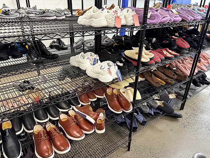 Men's shoes lined up like hopeful dance partners&mdash;those barely-worn leather oxfords might be your perfect match for just $8.99.