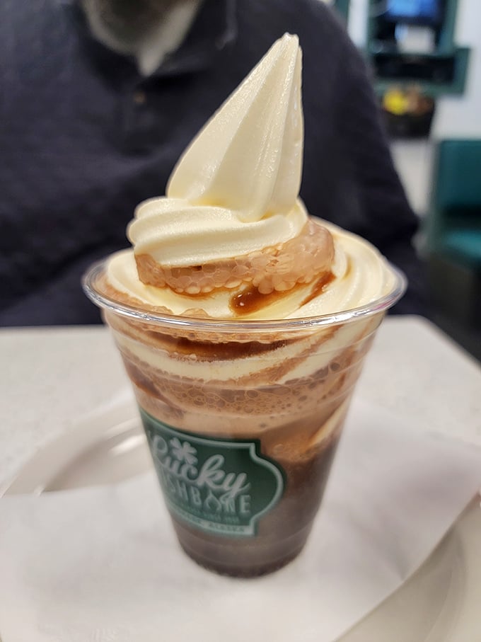 Their frappuccino isn't just a drink, it's a layered dessert experience topped with a soft-serve crown fit for Alaskan royalty.