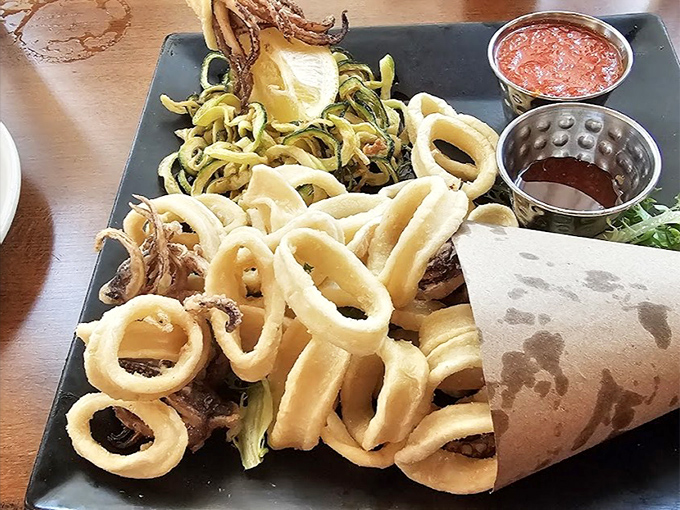 Fried calamari and zucchini noodles presented with such artistic flair, it's almost a shame to eat it. Almost.