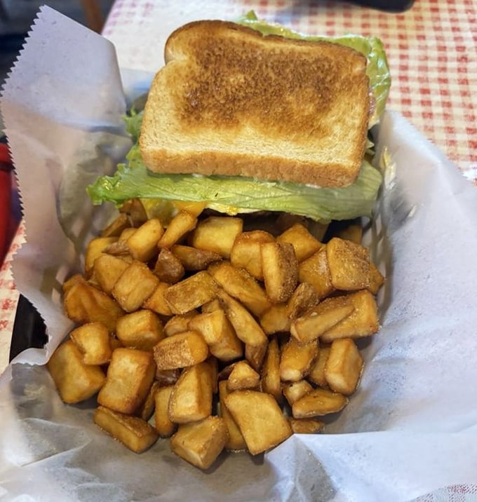 A sandwich that knows its priorities: golden toast, crispy potatoes, and enough heft to require a two-handed commitment.