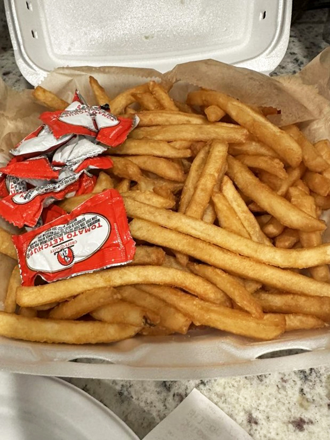 Golden fries with ketchup packets standing by like loyal soldiers. The perfect sidekick to any sandwich adventure at Dino's.