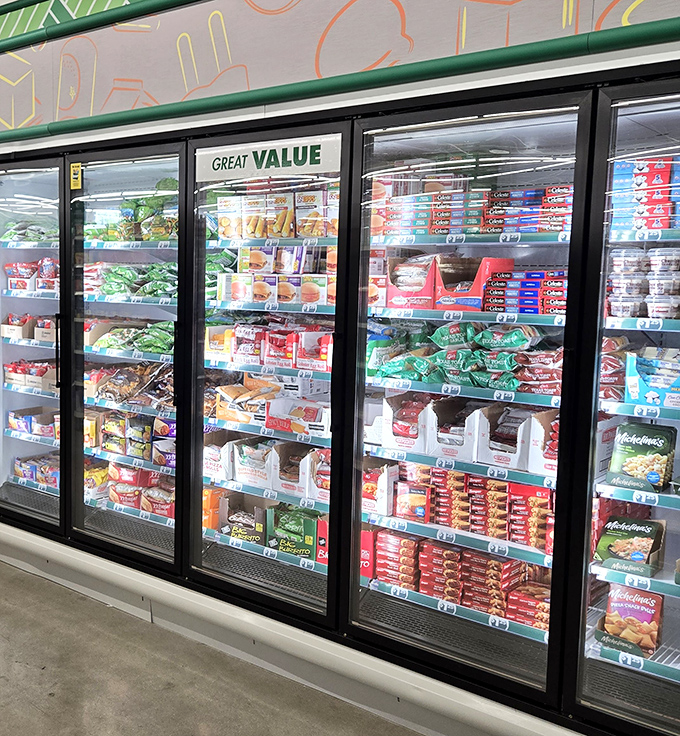 Frozen food nirvana behind glass doors. The "Great Value" sign isn't just branding&mdash;it's the most honest advertising in retail history.