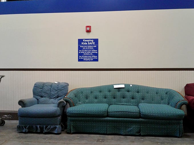 A teal sofa that's either vintage chic or your grandmother's actual couch &ndash; both options work beautifully.