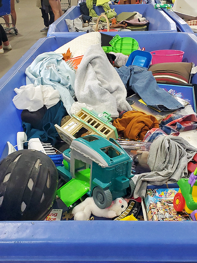 Toys, clothes, and household items jumble together in these blue bins&mdash;a chaotic cornucopia where patience reveals the best bargains.