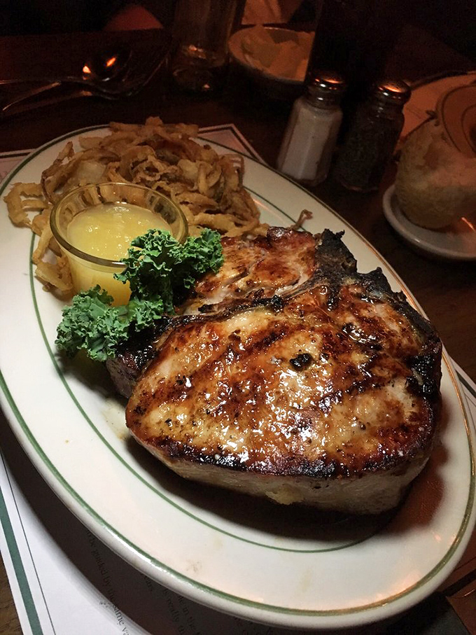 This pork chop has the kind of sear that makes other meats jealous. The accompanying sauce is basically liquid gold.