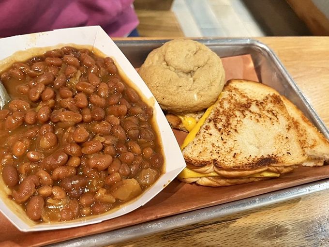 Comfort food gets serious with this grilled cheese sandwich and baked beans combo. Childhood memories, upgraded for your adult palate. 
