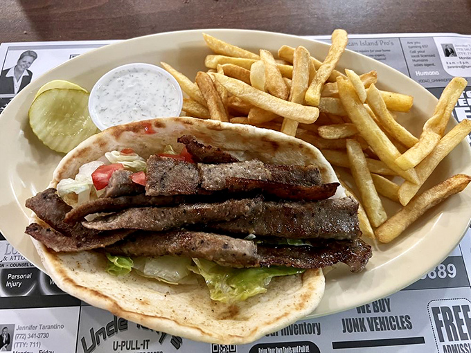 Mediterranean vacation on a plate – seasoned gyro meat tucked into warm pita with crisp veggies and a cooling tzatziki that whispers, "Take your time."