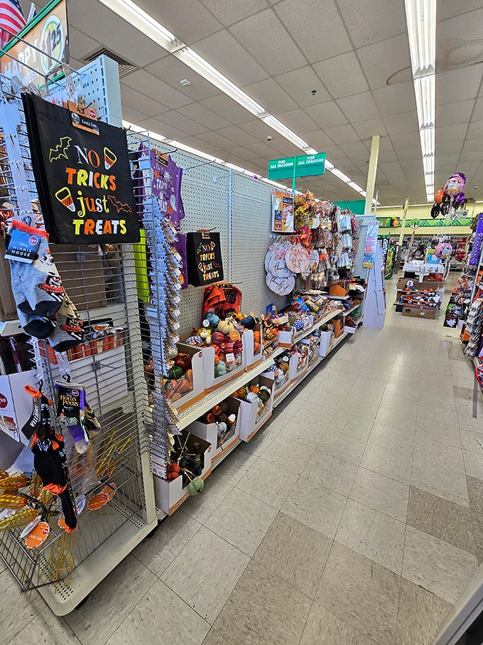 Halloween central where "No Tricks Just Treats" signs hang above an impressive collection of pumpkins, ghosts, and autumn-themed treasures.