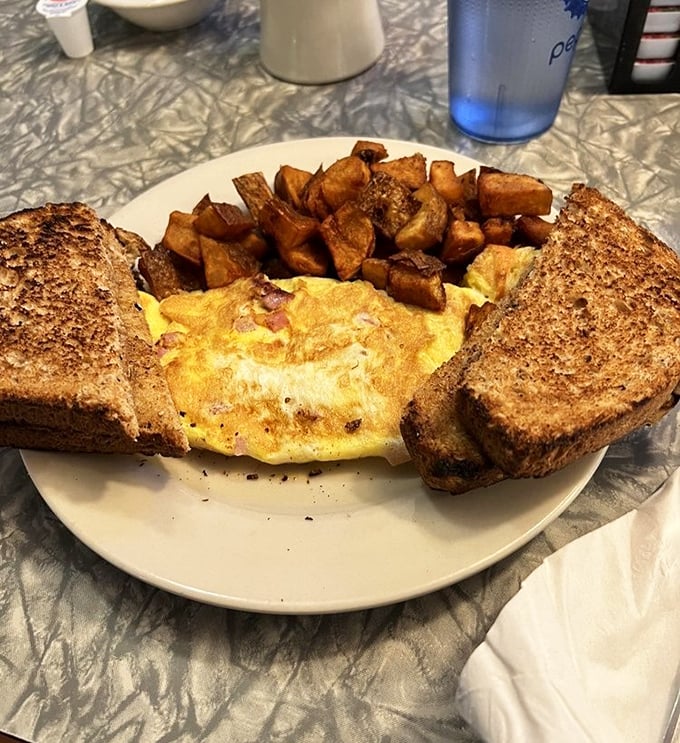 Breakfast architecture at its finest. The structural integrity of that omelet deserves an engineering award, and the flavor deserves applause.