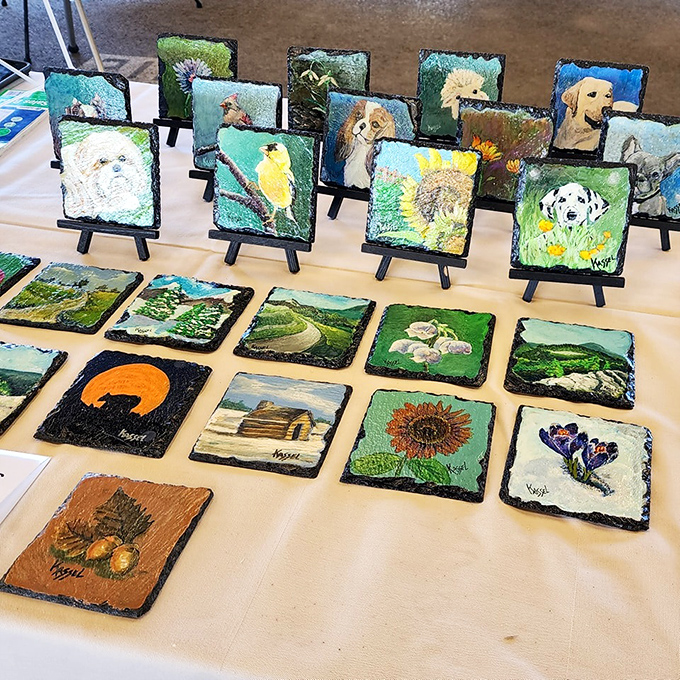Pocket-sized masterpieces that bring nature indoors. Each painted slate captures Pennsylvania's landscapes and wildlife in miniature form.