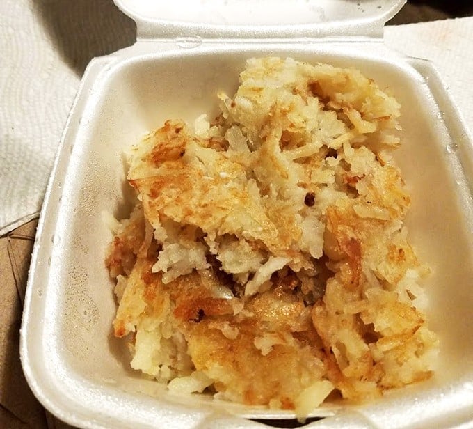 Hash browns with that perfect golden crust that only comes from a well-seasoned flat-top grill and years of experience. Simple perfection in a styrofoam container.