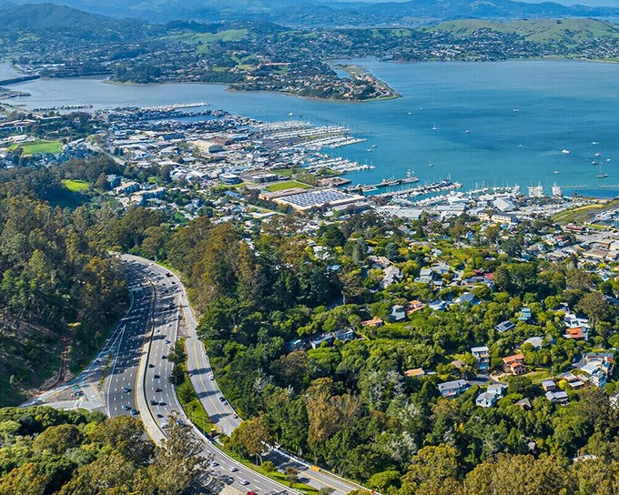 The winding approach to paradise – Highway 101 delivers you to Sausalito's doorstep with San Francisco in your rearview mirror.