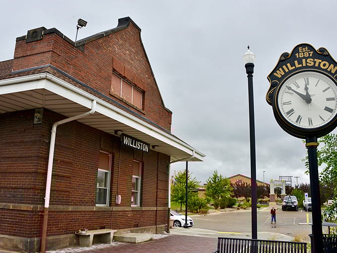 The historic Williston train station and town clock stand as sentinels of time, reminding passersby of the railroad's crucial role in the town's development.