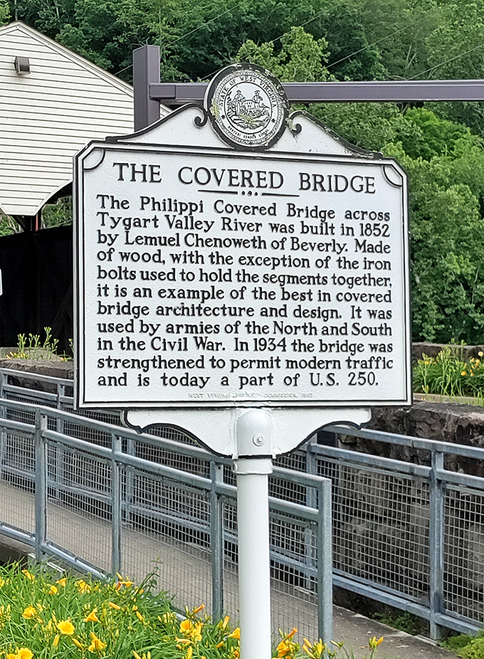 History lessons don't get more tangible than this &ndash; the marker details the bridge's remarkable journey from 1852 to modern times, surviving both Civil War and disco.