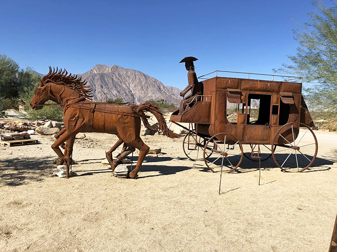 Westward ho! This stagecoach and horses capture the spirit of frontier travel, minus the uncomfortable wooden seats and bandits.