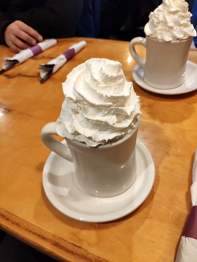 Hot chocolate that's more mountain than beverage, crowned with a whipped cream summit that dares you not to smile.
