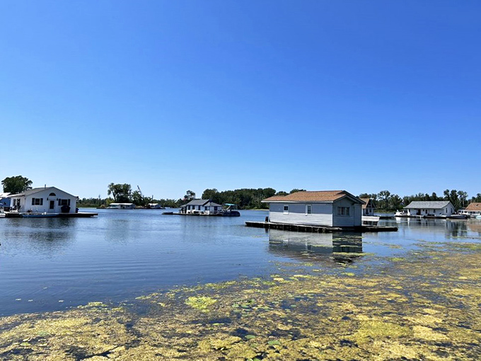 Boathouses float serenely, living their best life on water that's calmer than your last family dinner.