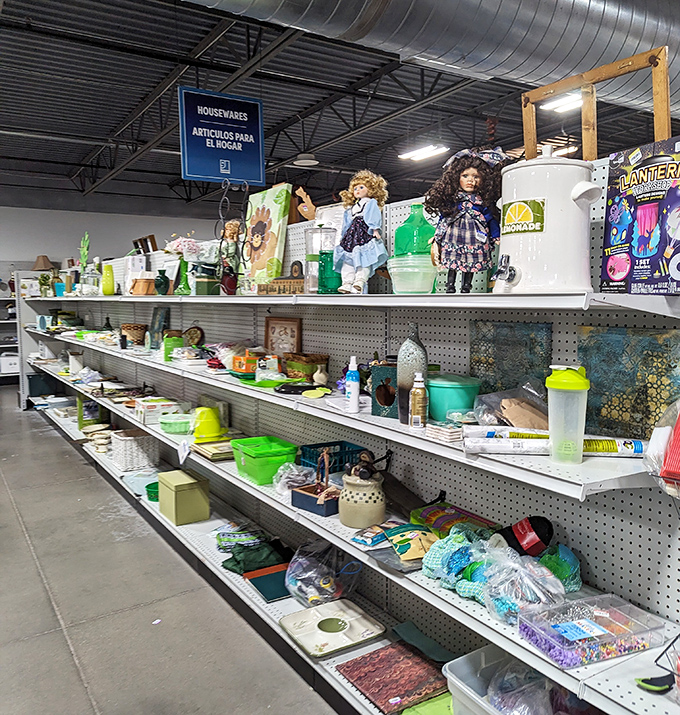 The housewares aisle – where yesterday's kitchen treasures await new homes. That green Tupperware probably remembers recipes your grandmother made.