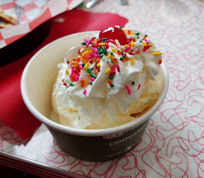 Ice cream sundae simplicity: vanilla ice cream, whipped cream, and rainbow sprinkles. Sometimes happiness really is that straightforward.